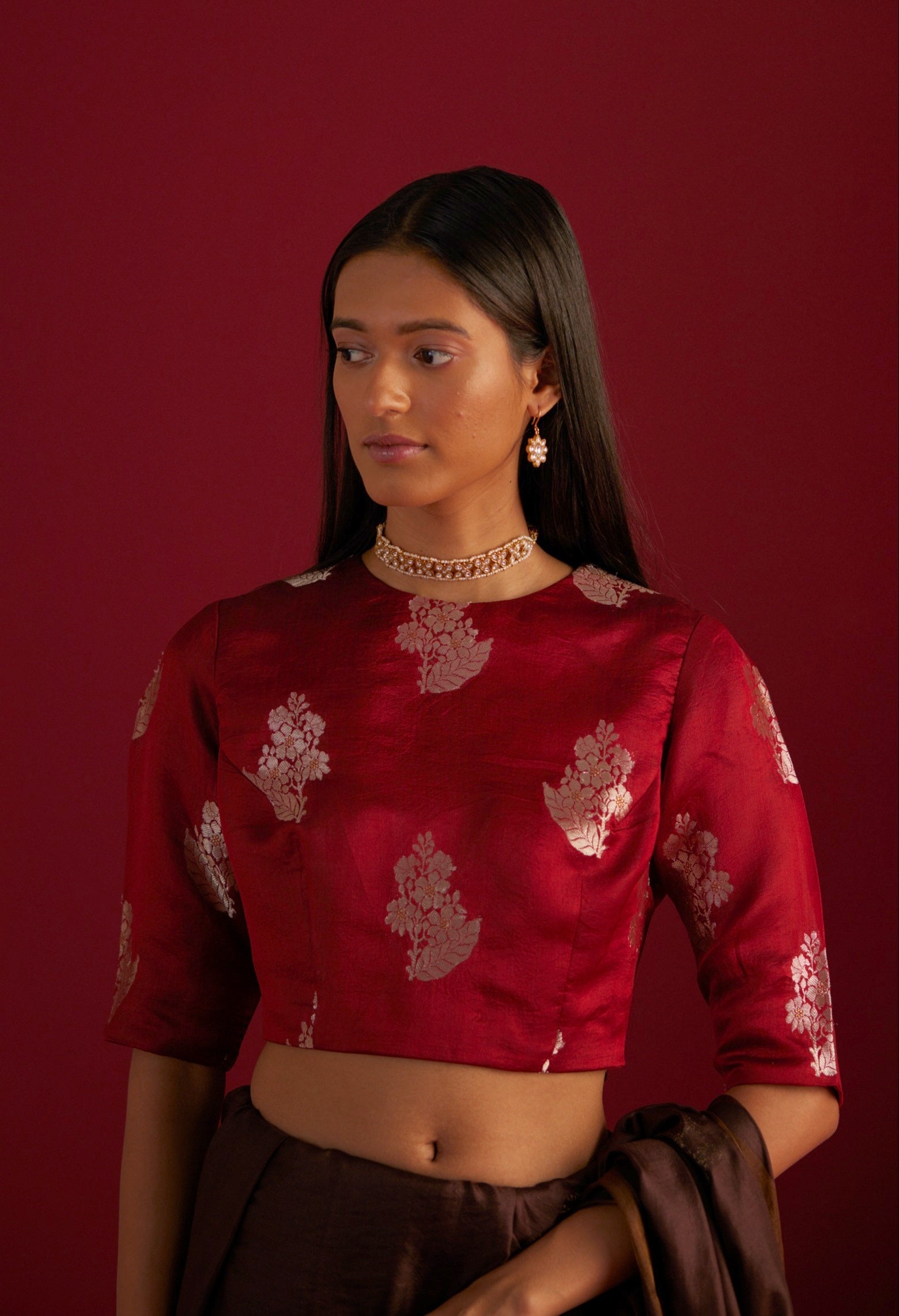 Zero Neck Blouse in Red Champa Brocade – Shorshe Clothing