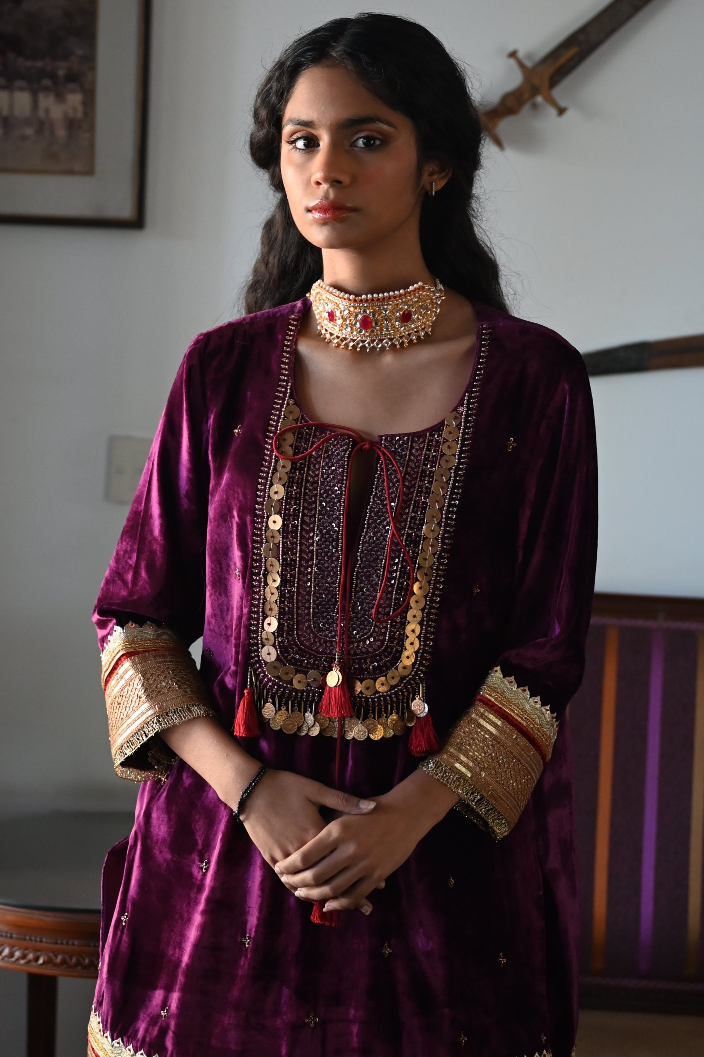 Amal Kurta in Purple Velvet with Gold Tissue Garara – Shorshe Clothing
