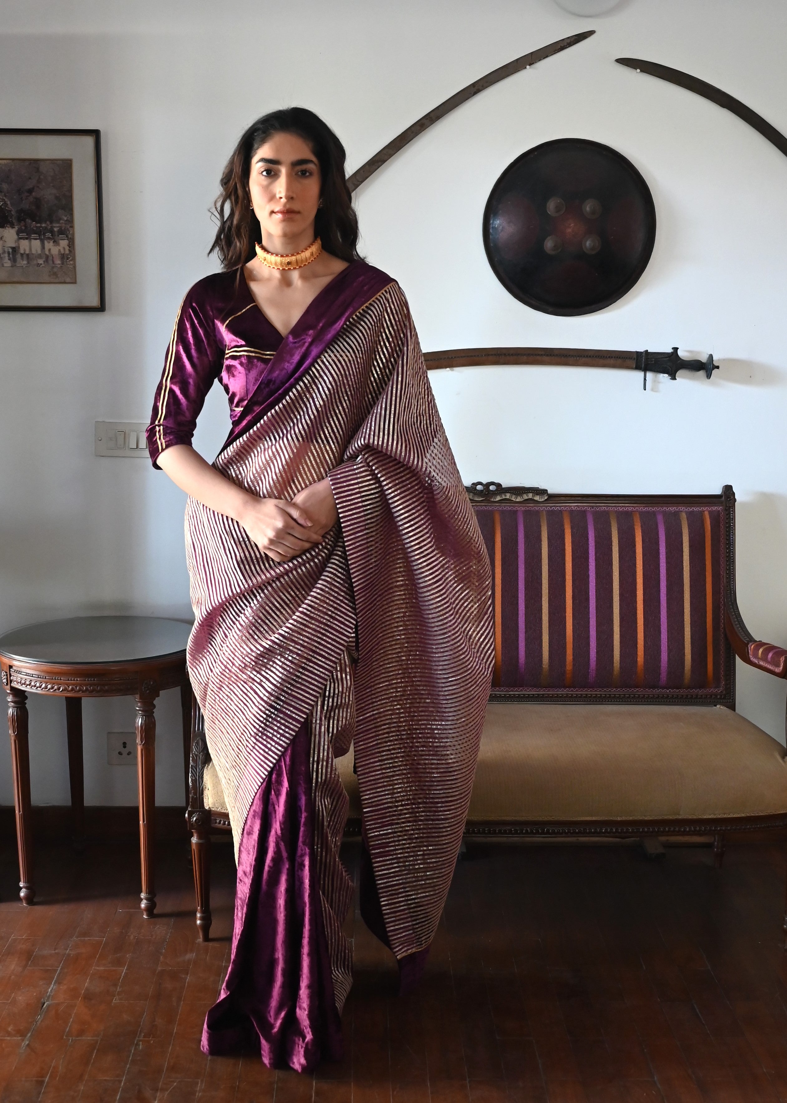 Chanda Saree in Purple CC Gota and Velvet – Shorshe Clothing