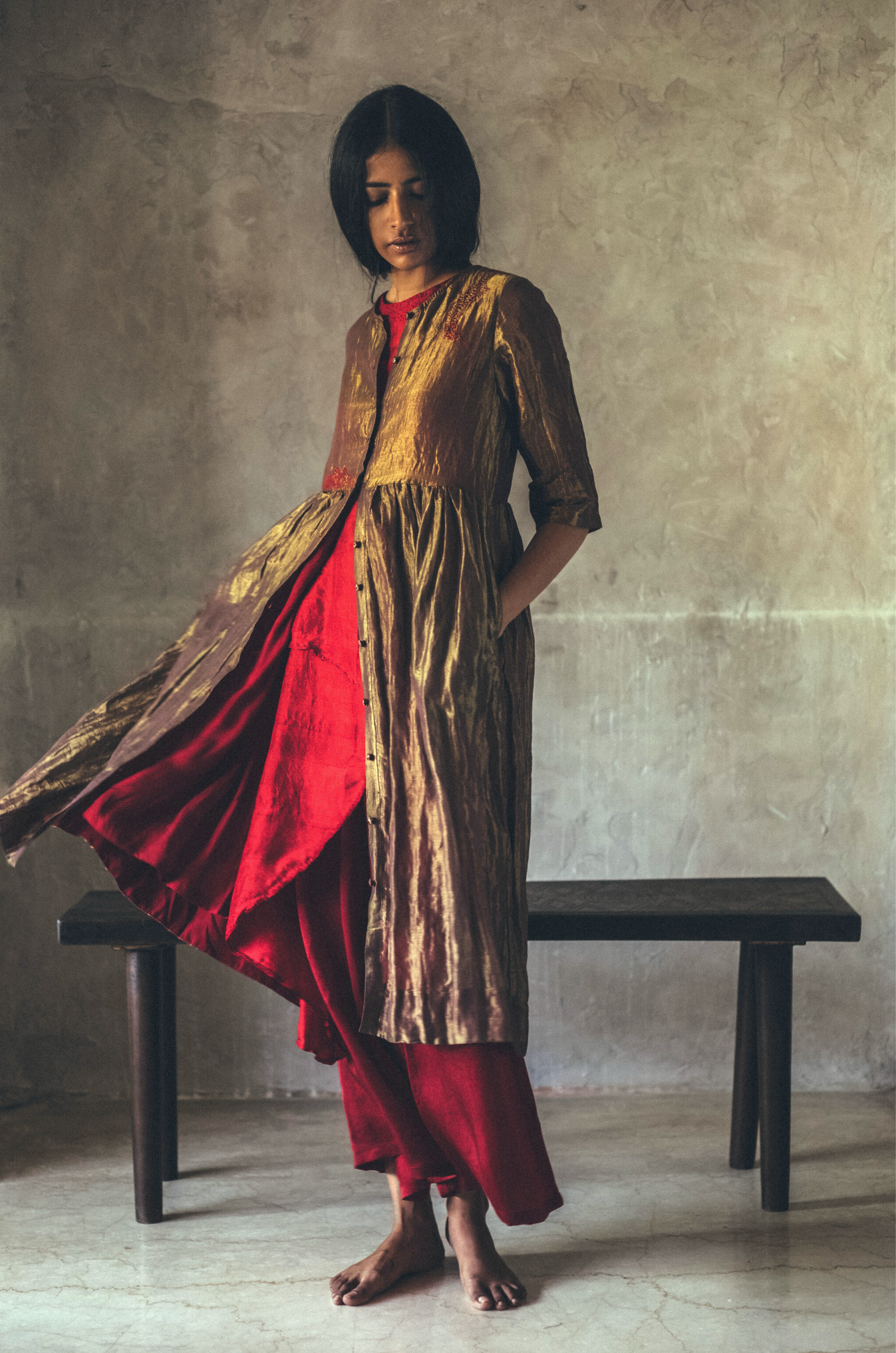 Anil Jacket In Antique Gold Handloom Tissue With satin silk Palazzos ...